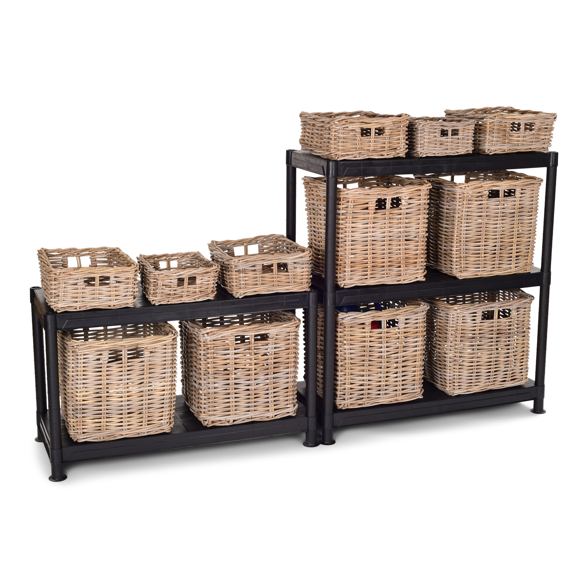 Black Shelving with Rattan Storage Set